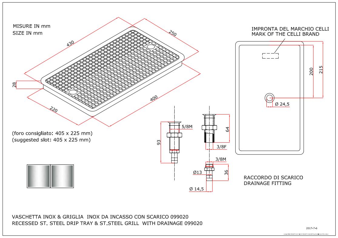 Stainless Steel Drip Tray flush Mounted Drainage 400x220x28